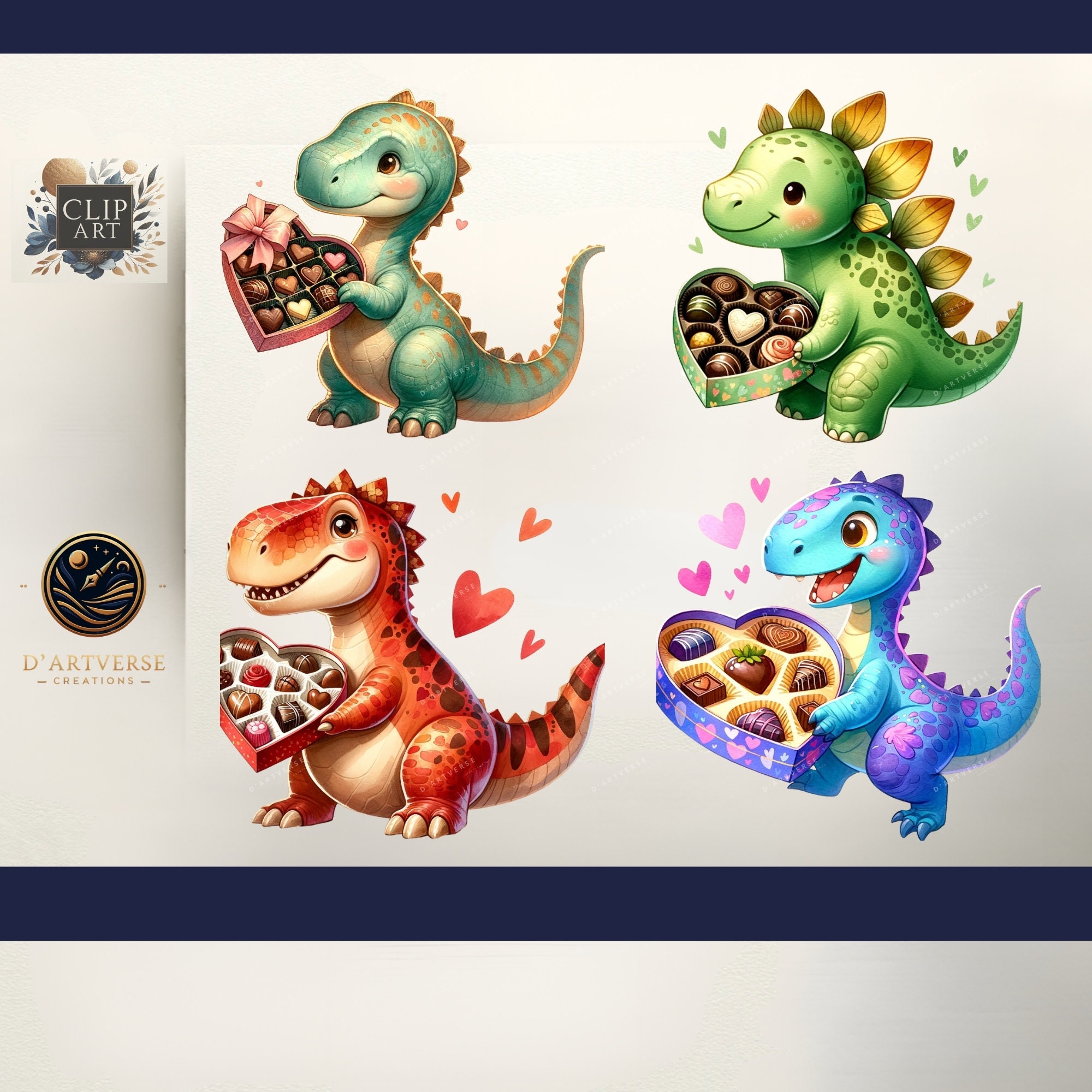 Cute Dinosaur Valentine Clipart Bundle Watercolor Love Dinosaur ...