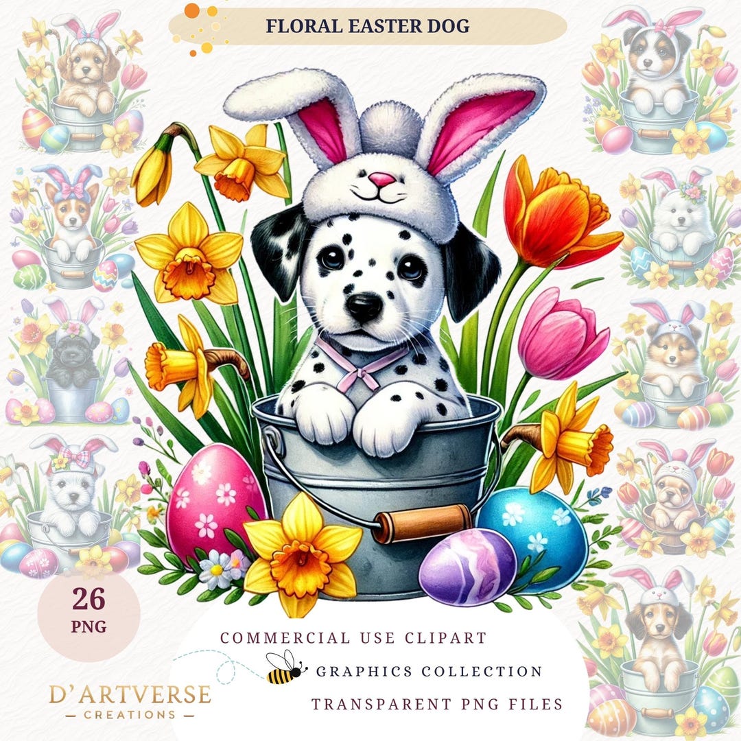 Watercolor Easter Dog Clipart Floral Puppy With Bunny Ears PNG Cute ...