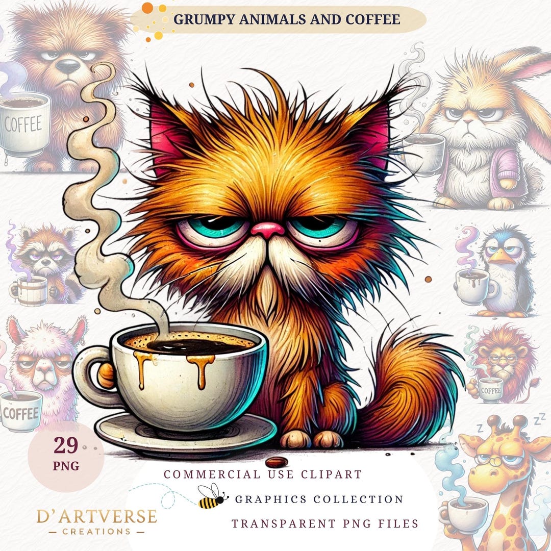 Grumpy Animal Coffee Clipart Bundle Watercolor Funny Animal PNG Coffee ...