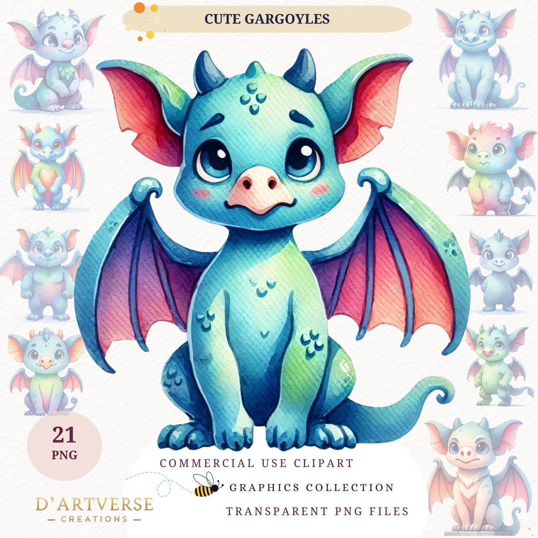 Cute Gargoyle Clipart Fantasy Baby Dragon Png Watercolor Printable ...