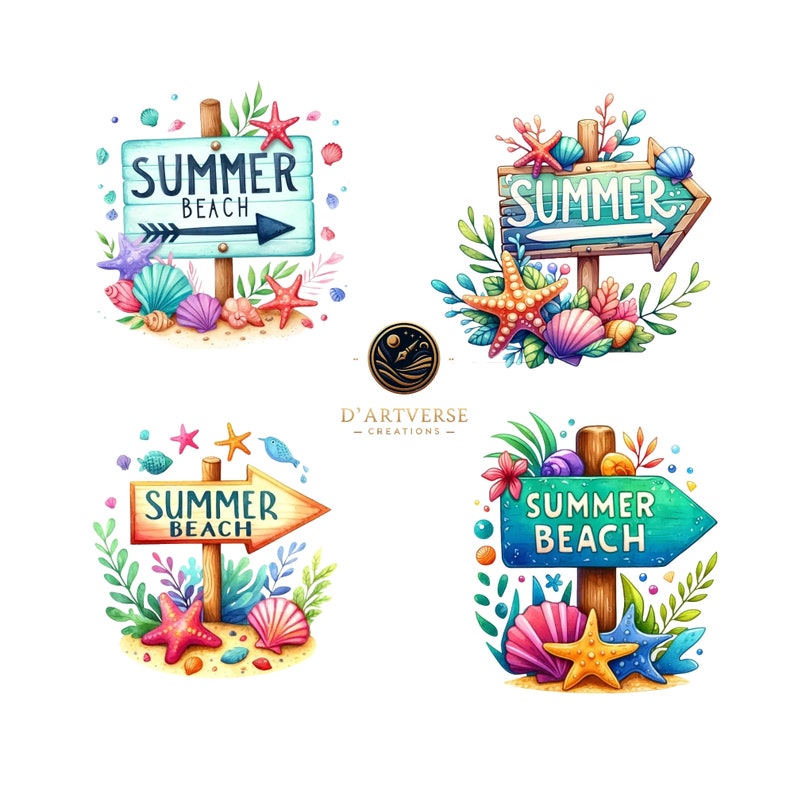 Summer Beach Signs Clipart Watercolor Beach Graphics Coastal Clipart ...