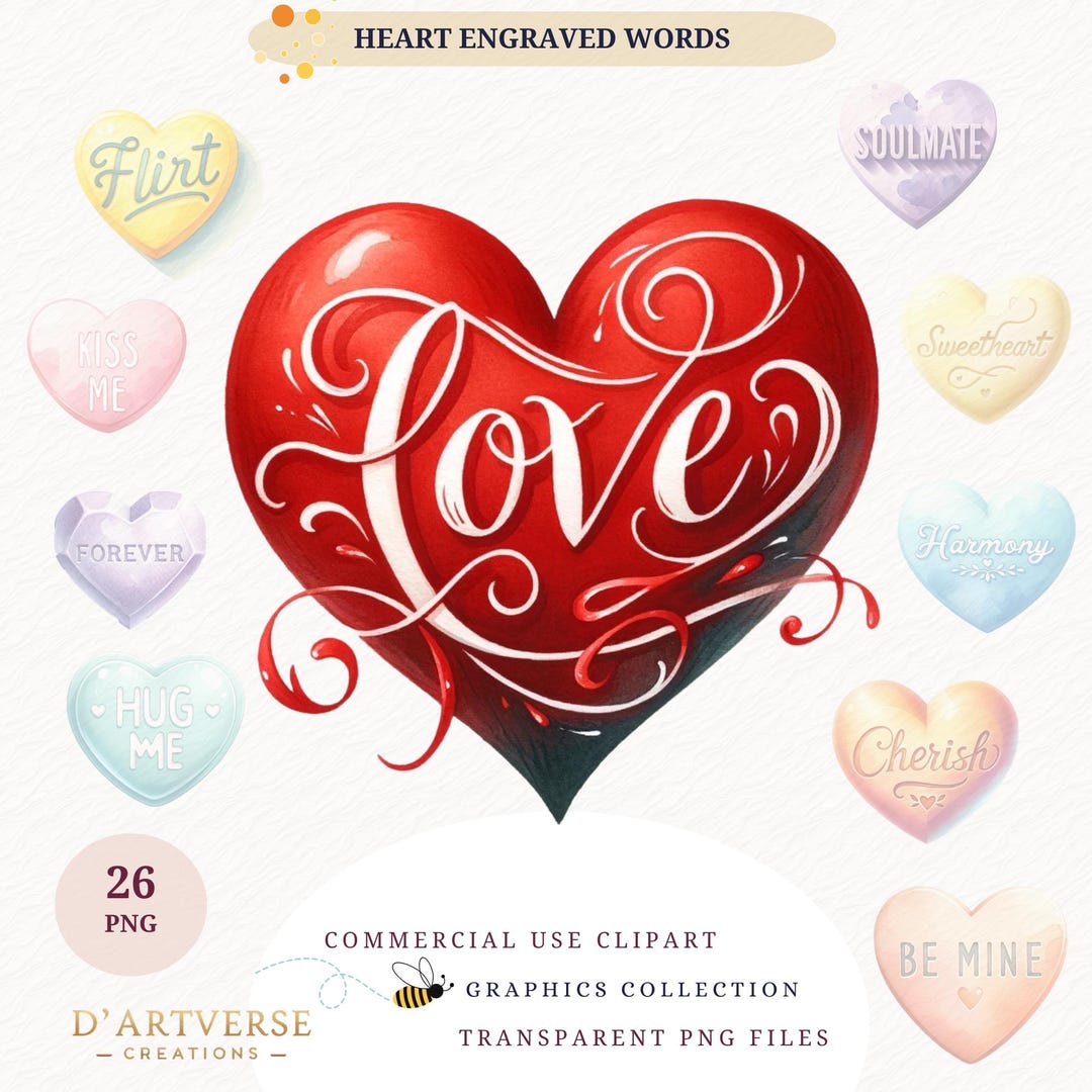 Watercolor Heart Clipart Bundle Valentine PNG Romantic Love Words ...