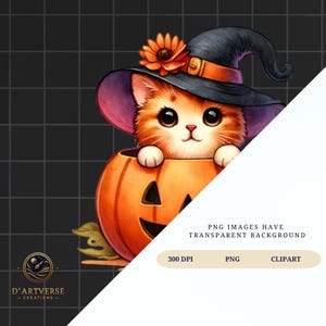 Watercolor Halloween Cat Clipart Set Cute Witch Cat and Pumpkin PNG ...