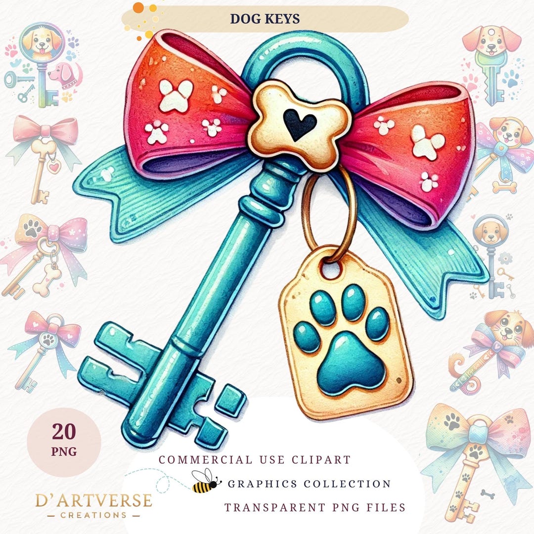 Watercolor Dog Keys Clipart Cute Puppy Key Illustrations Bow Tied Dog ...