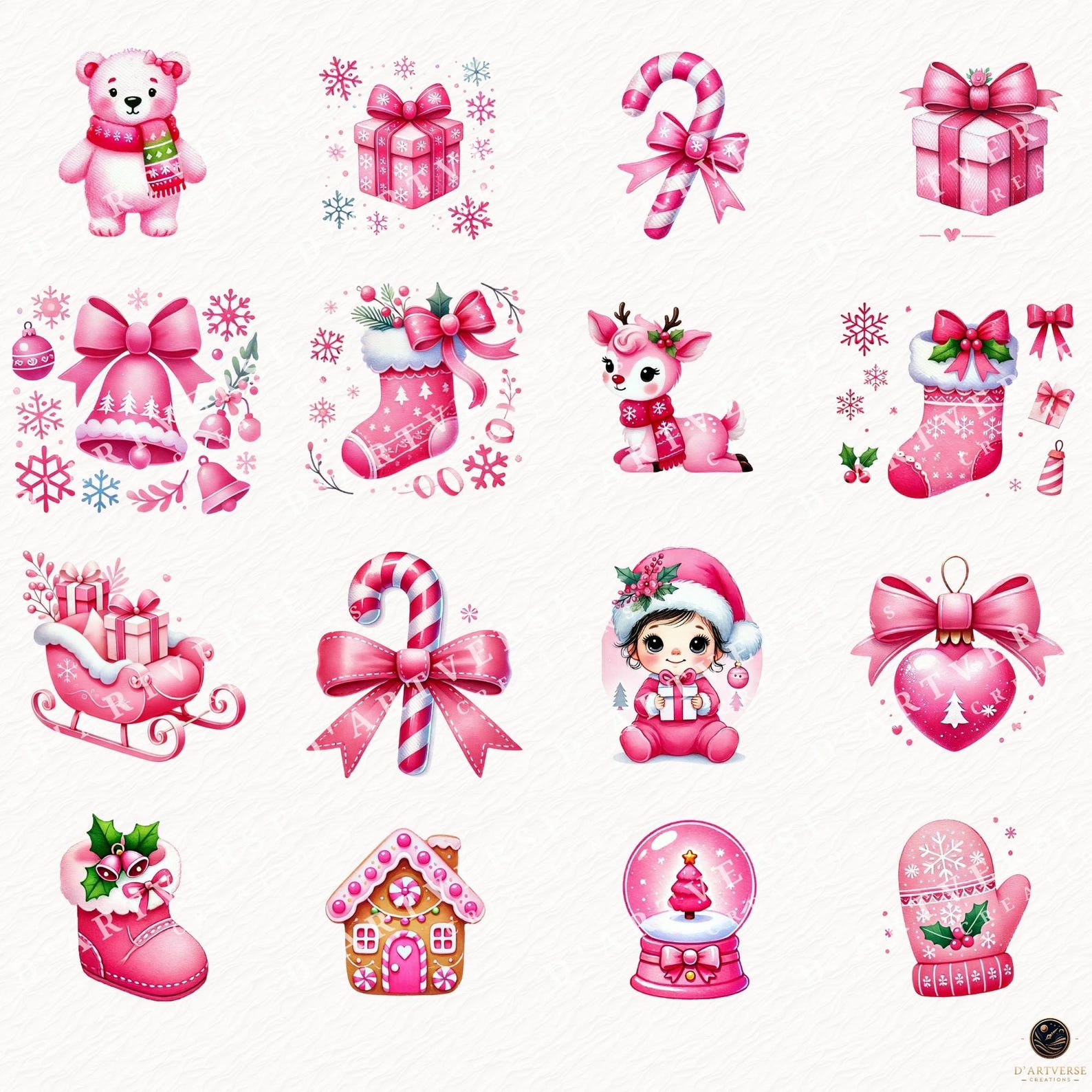 Watercolor Pink Christmas Clipart Bundle Pastel Holiday Decor PNG Pink ...