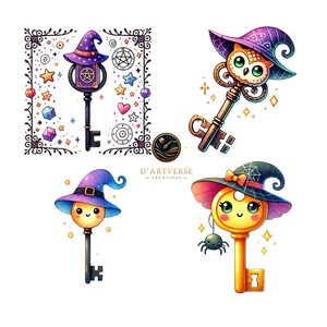 Watercolor Witch Key Clipart Fantasy Magical Keys PNG Bundle Halloween ...
