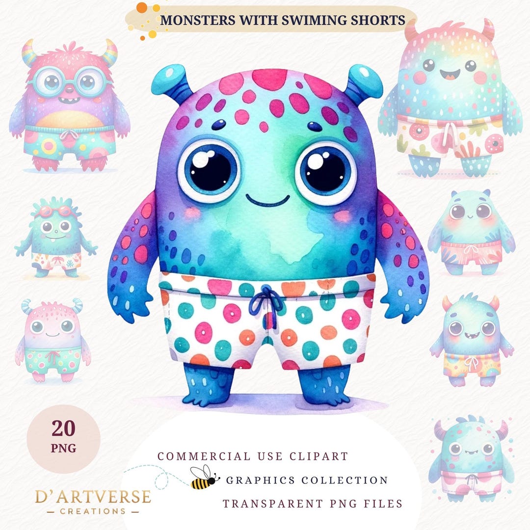 Cute Swimming Monster Clipart Bundle Watercolor Summer PNG Digital ...