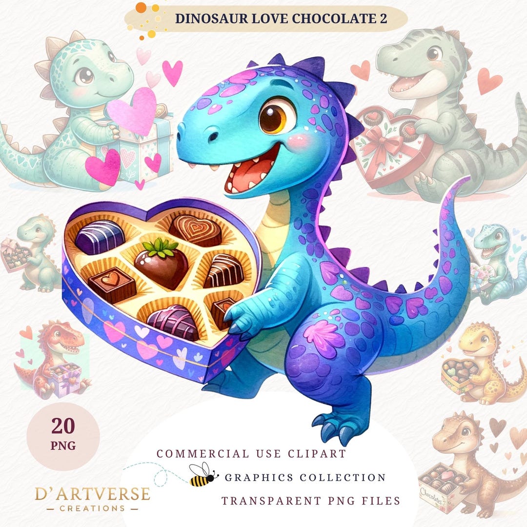Cute Valentine Dinosaur Clipart Bundle Watercolor T-rex With Chocolate ...