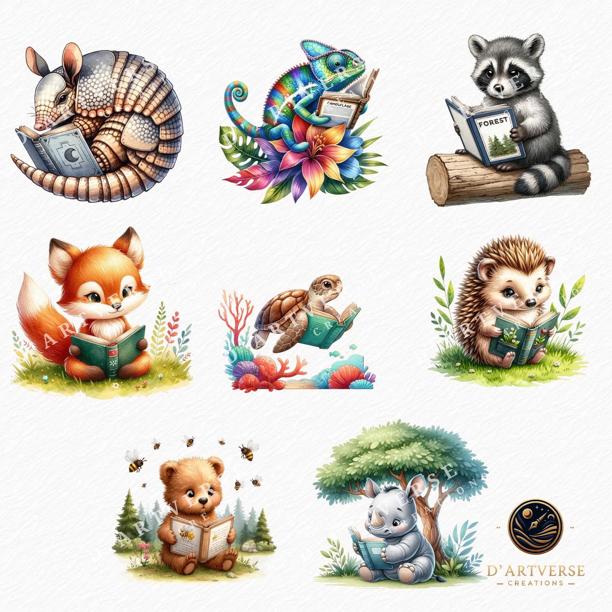 Cute Animals Reading Clipart Book Watercolor Animal Graphics PNG ...