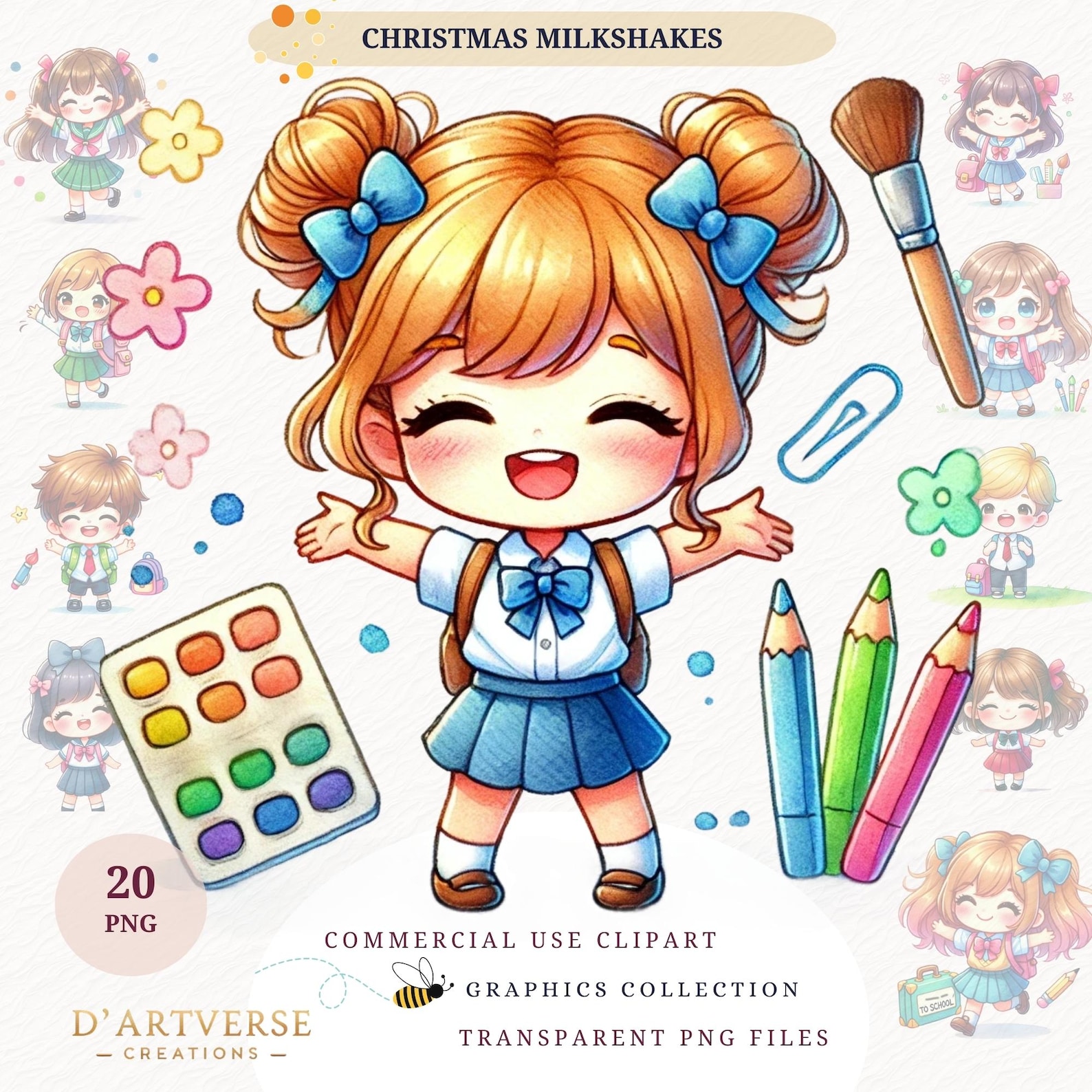 Watercolor Back to School Clipart Bundle Cute Cartoon Kids PNG School ...