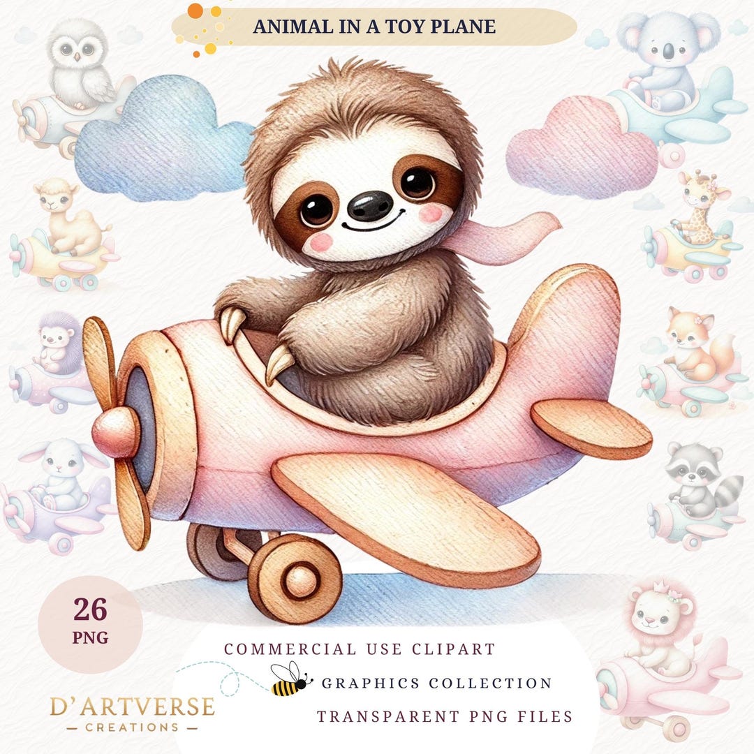 Baby Animal Airplane Clipart Bundle Watercolor Cute Animals on Toy ...
