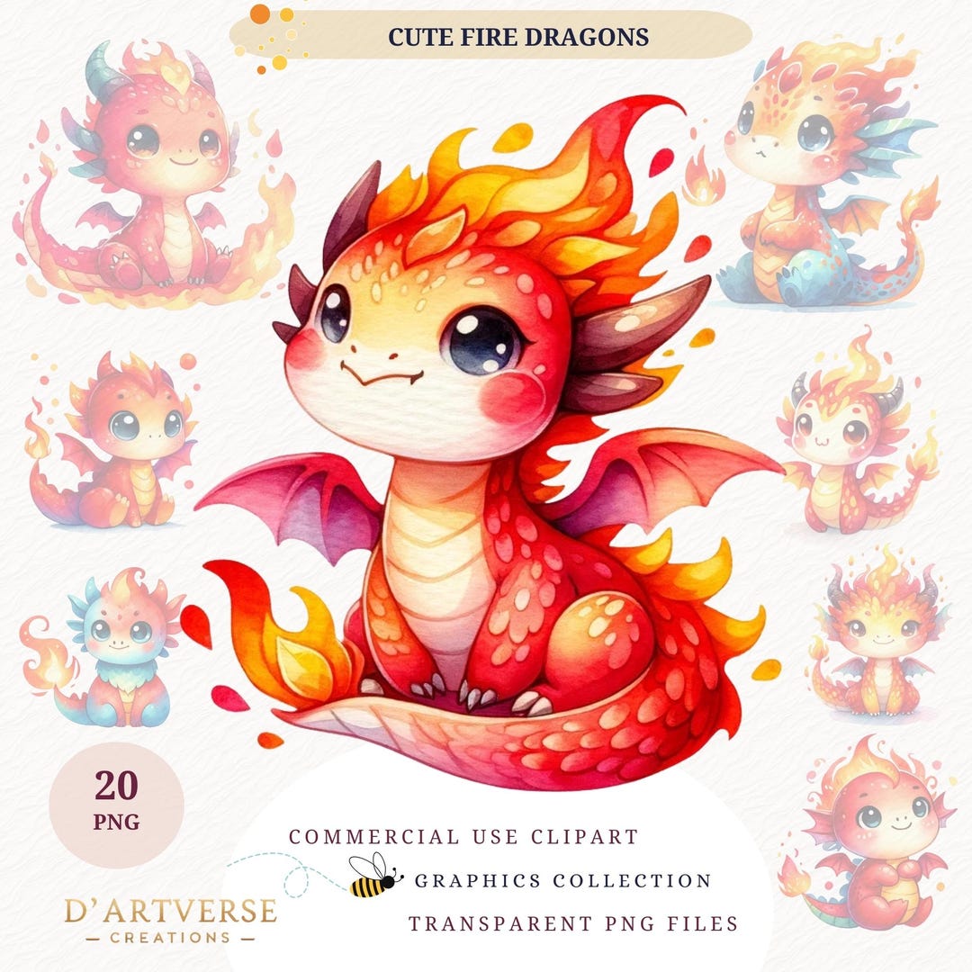 Watercolor Baby Dragon Clipart Bundle Cute Fantasy Fire Dragons ...