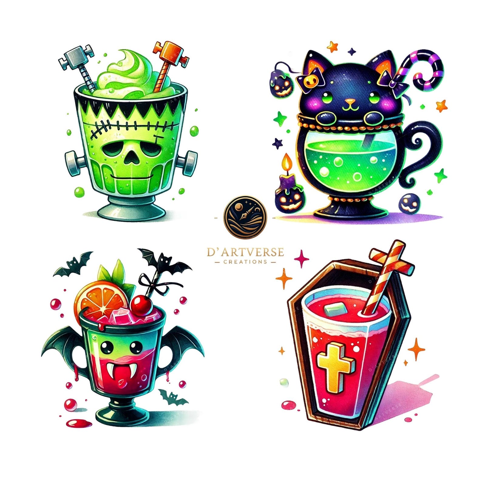 Halloween Cocktail Watercolor Clipart Bundle Cute Spooky Drink Graphics ...