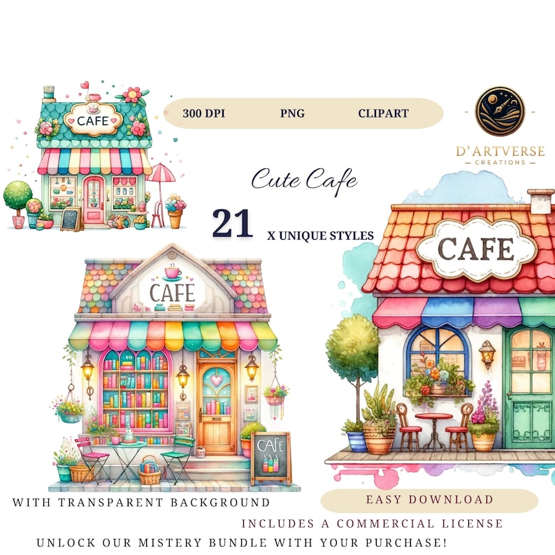 Watercolor Cute Cafe Clipart Digital Cafe Graphics PNG Coffee Shop ...