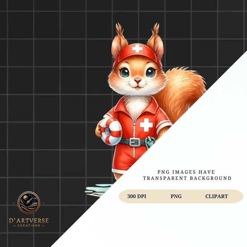 Watercolor Cute Animal Lifeguard Clipart Bundle Summer Beach Rescue PNG ...