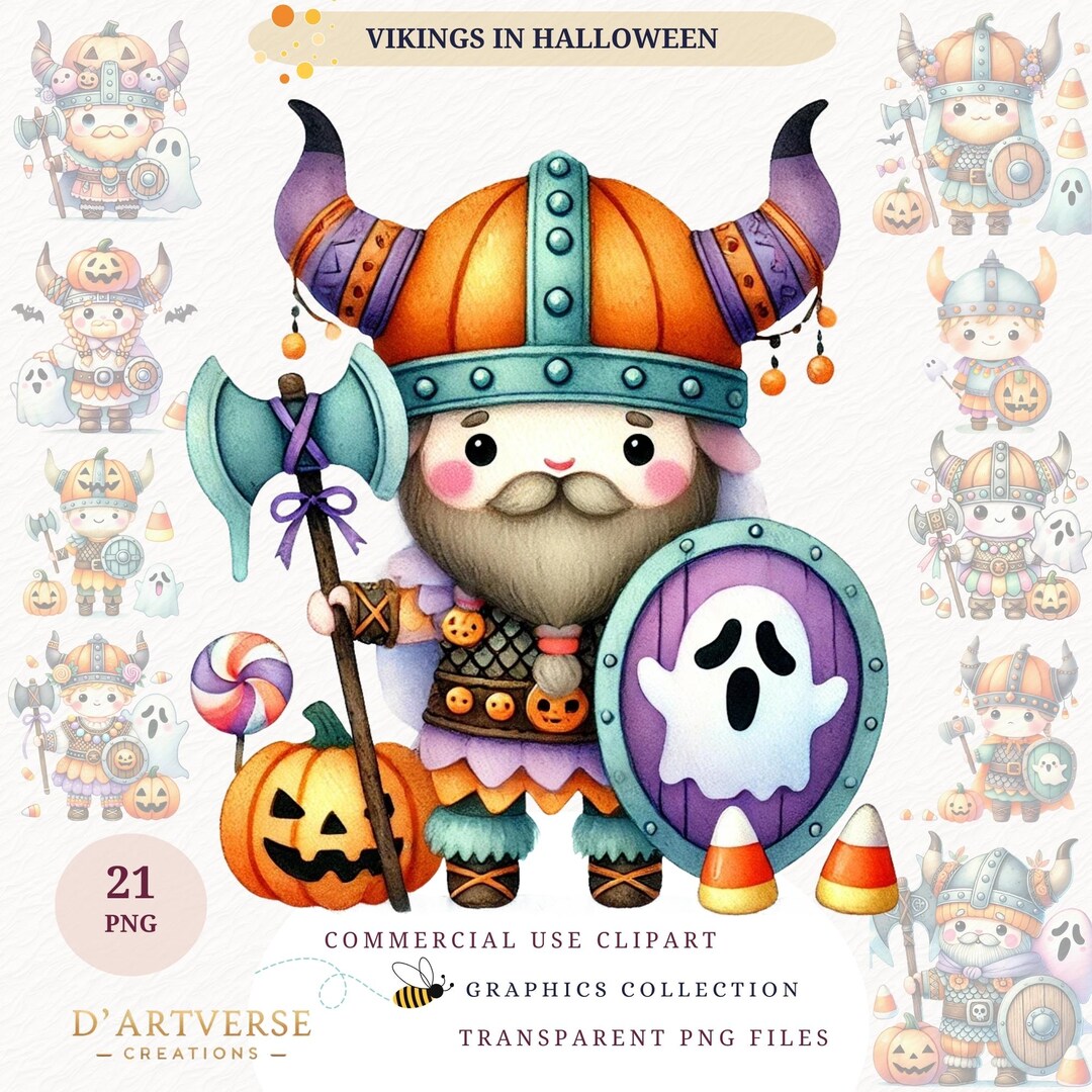 Watercolor Halloween Viking Clipart Bundle Cute Spooky Characters PNG ...