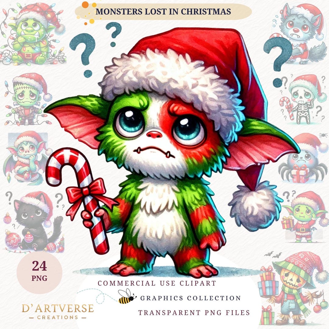 Christmas Monster Clipart Set Cute Creature PNG Santa Witch Crossover ...