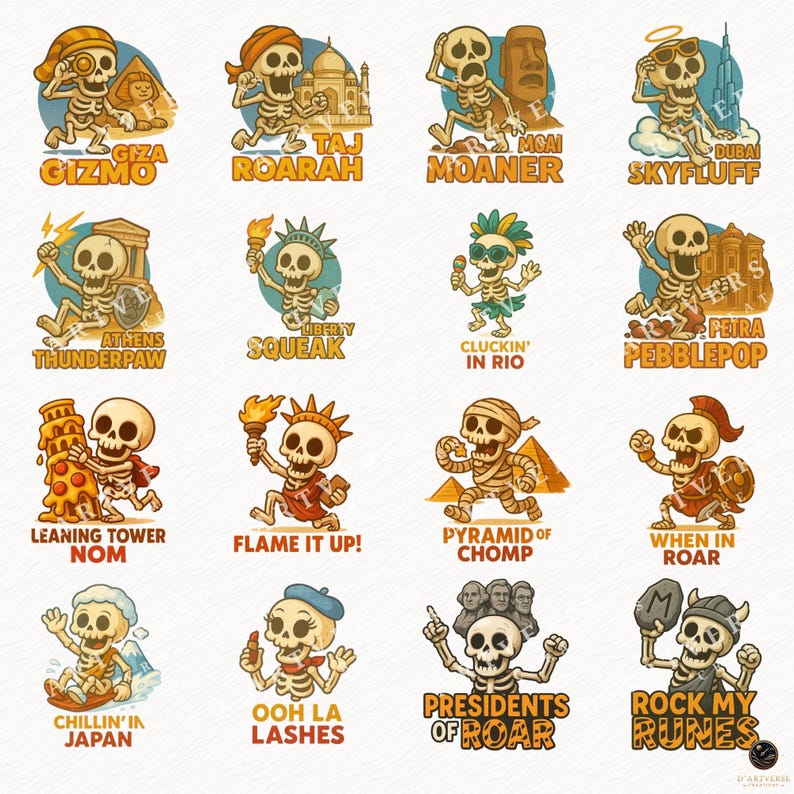 Funny Skeleton Travel Clipart Pack PNG World Landmark Costumes Humorous ...