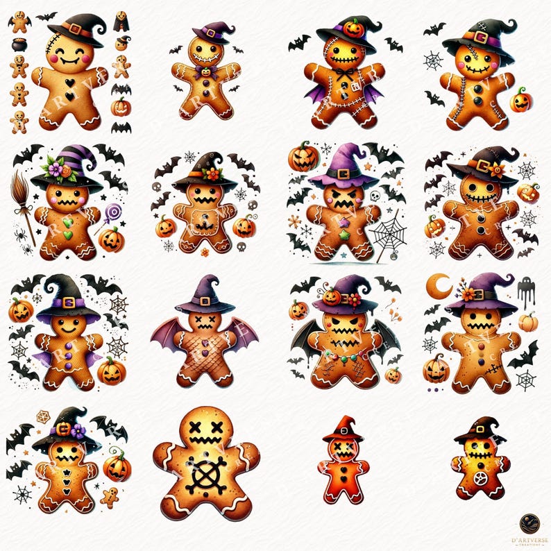 Halloween Gingerbread Man Clipart Set Watercolor Spooky Cookie PNG Cute ...