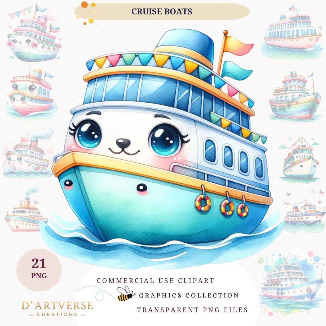 Cute Cruise Ship Clipart Bundle Watercolor Nautical PNG Ocean Travel ...