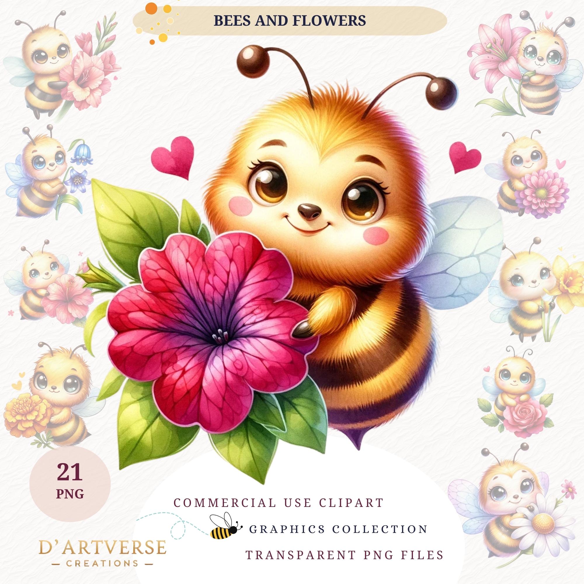 Watercolor Cute Bee Clipart Bundle Floral PNG Nursery Decor Digital ...