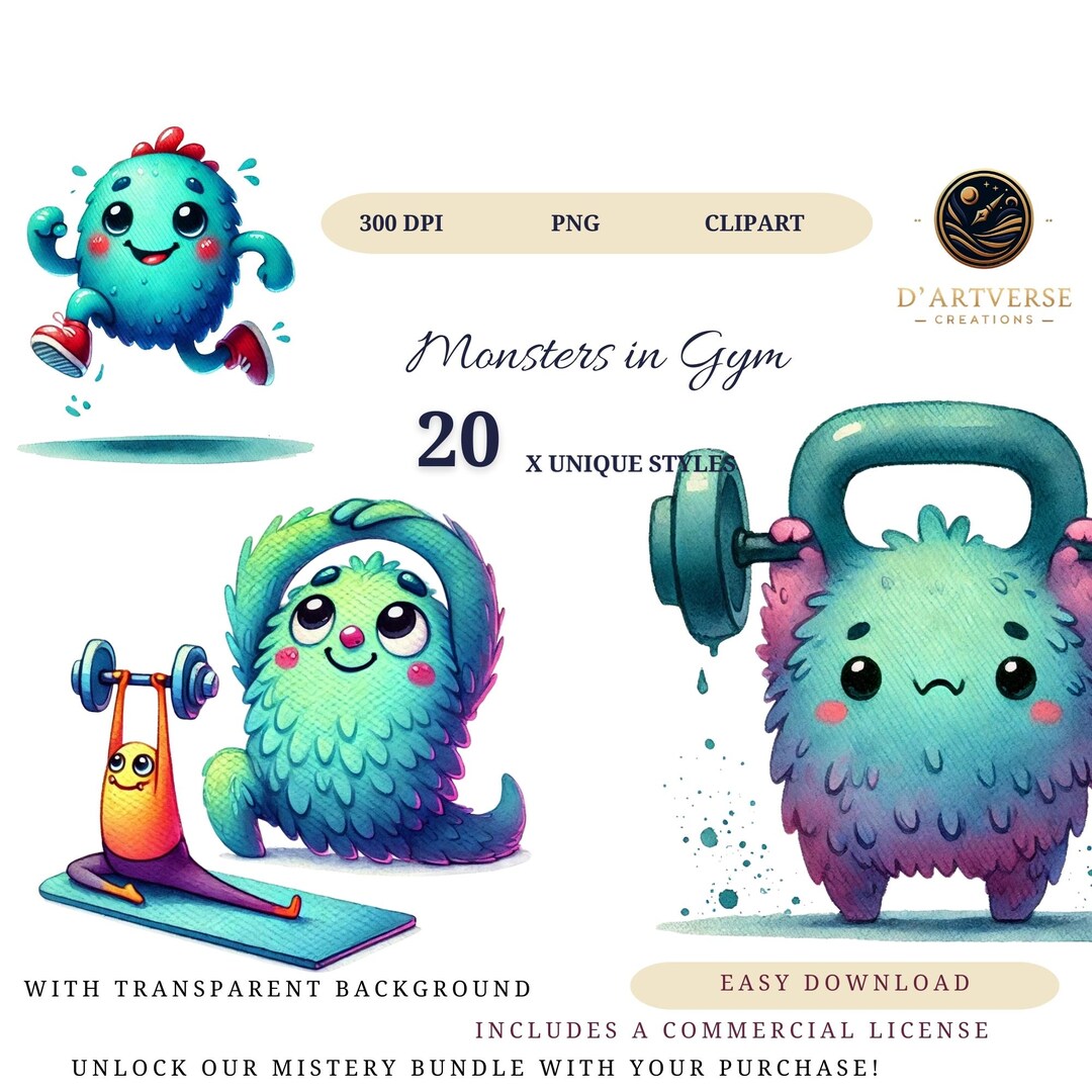 Watercolor Monsters Clipart Cute Workout Creatures PNG Fitness Kids ...