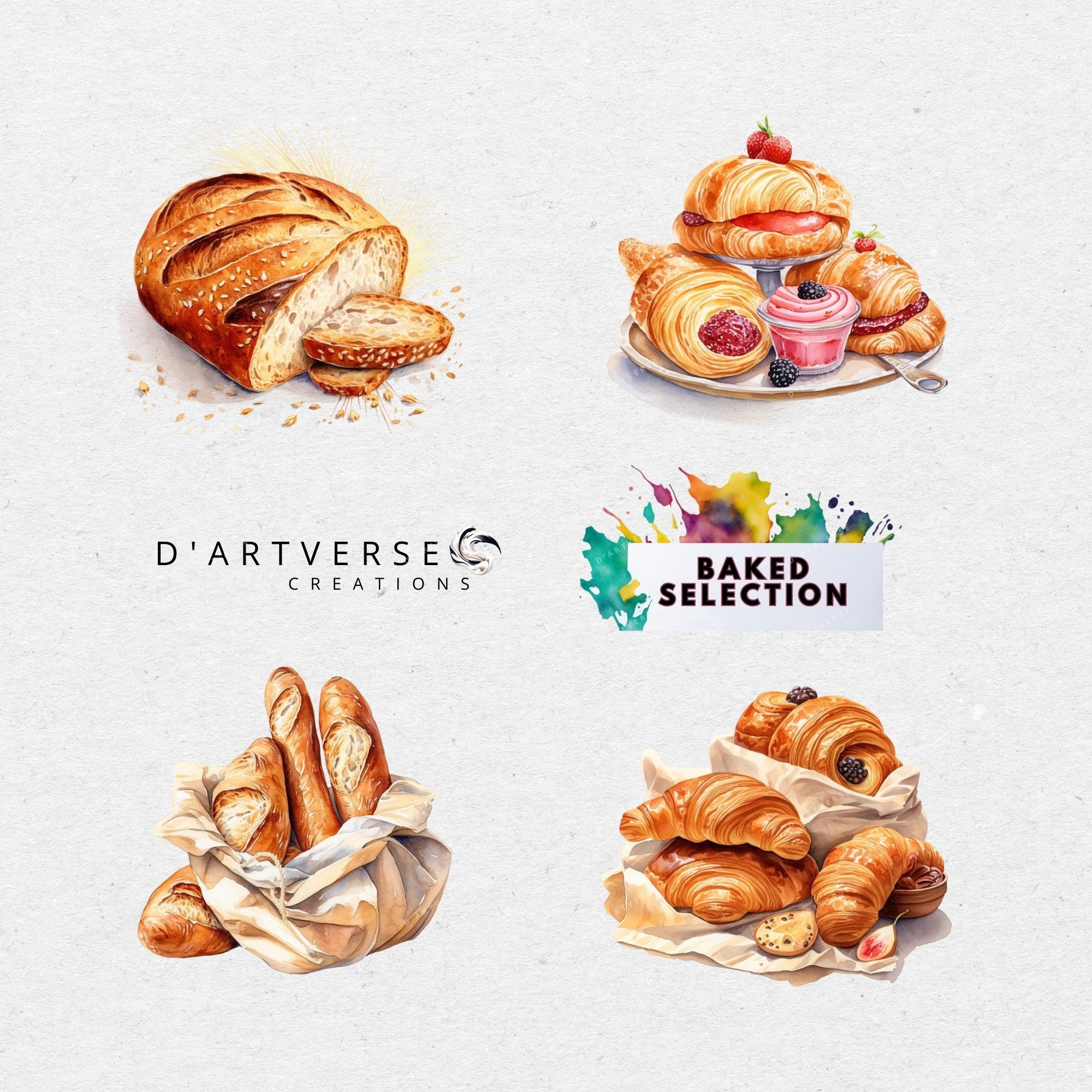 Watercolor Bakery Clipart Bread Croissant French Baguette Png - Etsy
