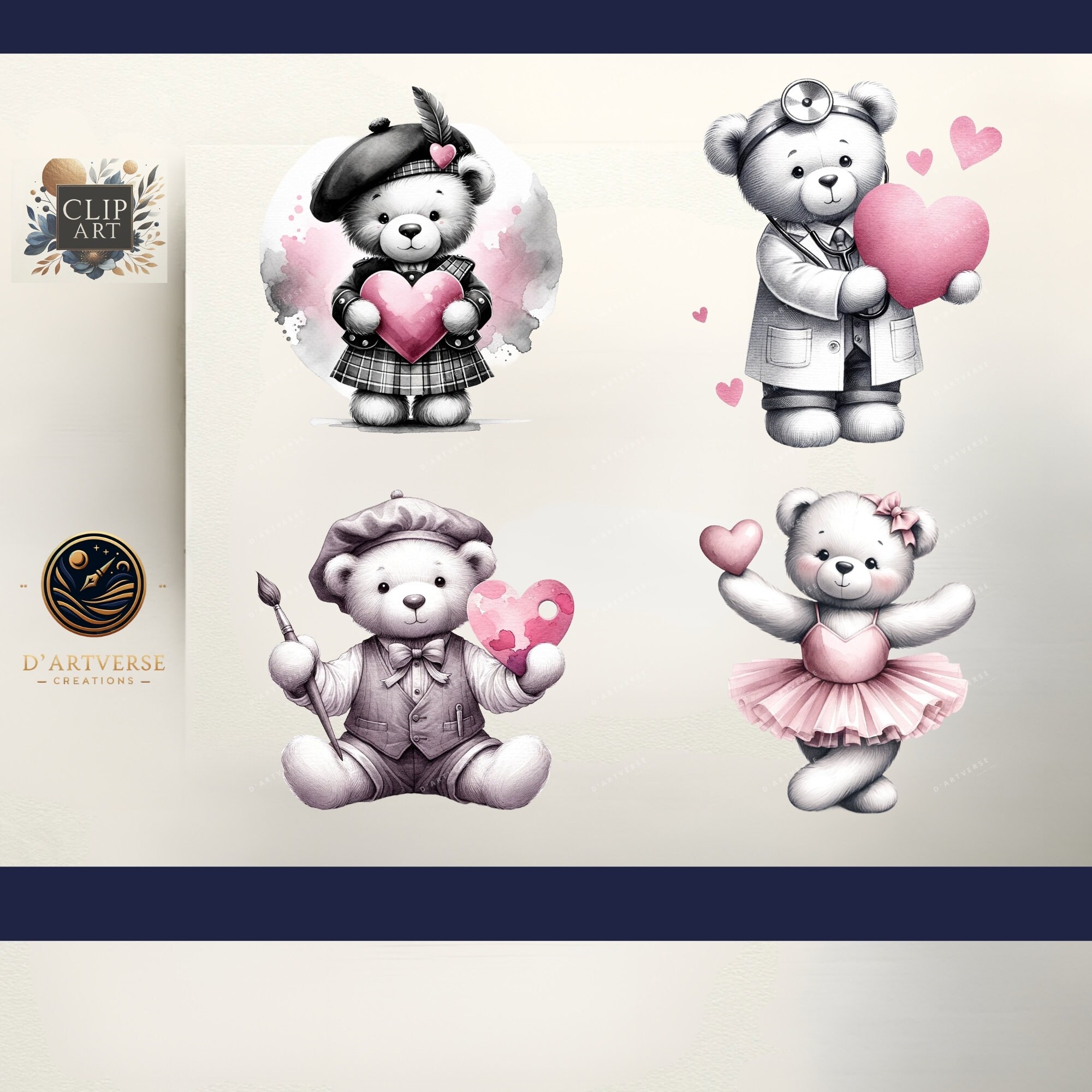 Watercolor Teddy Bear Clipart Bundle Pink Clipart Cute Bear Nursery ...