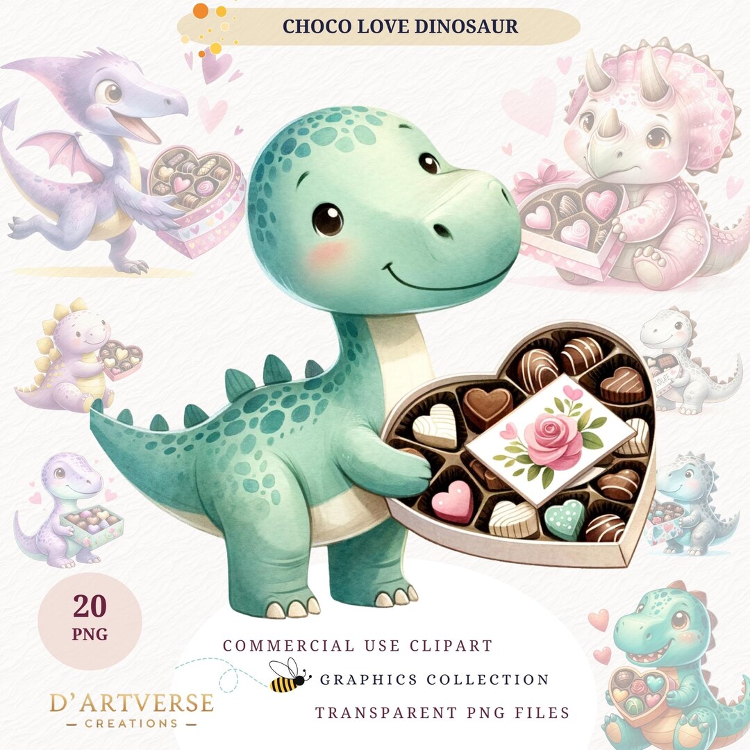 Cute Dinosaur Valentine Clipart Bundle Watercolor Baby Dino With ...