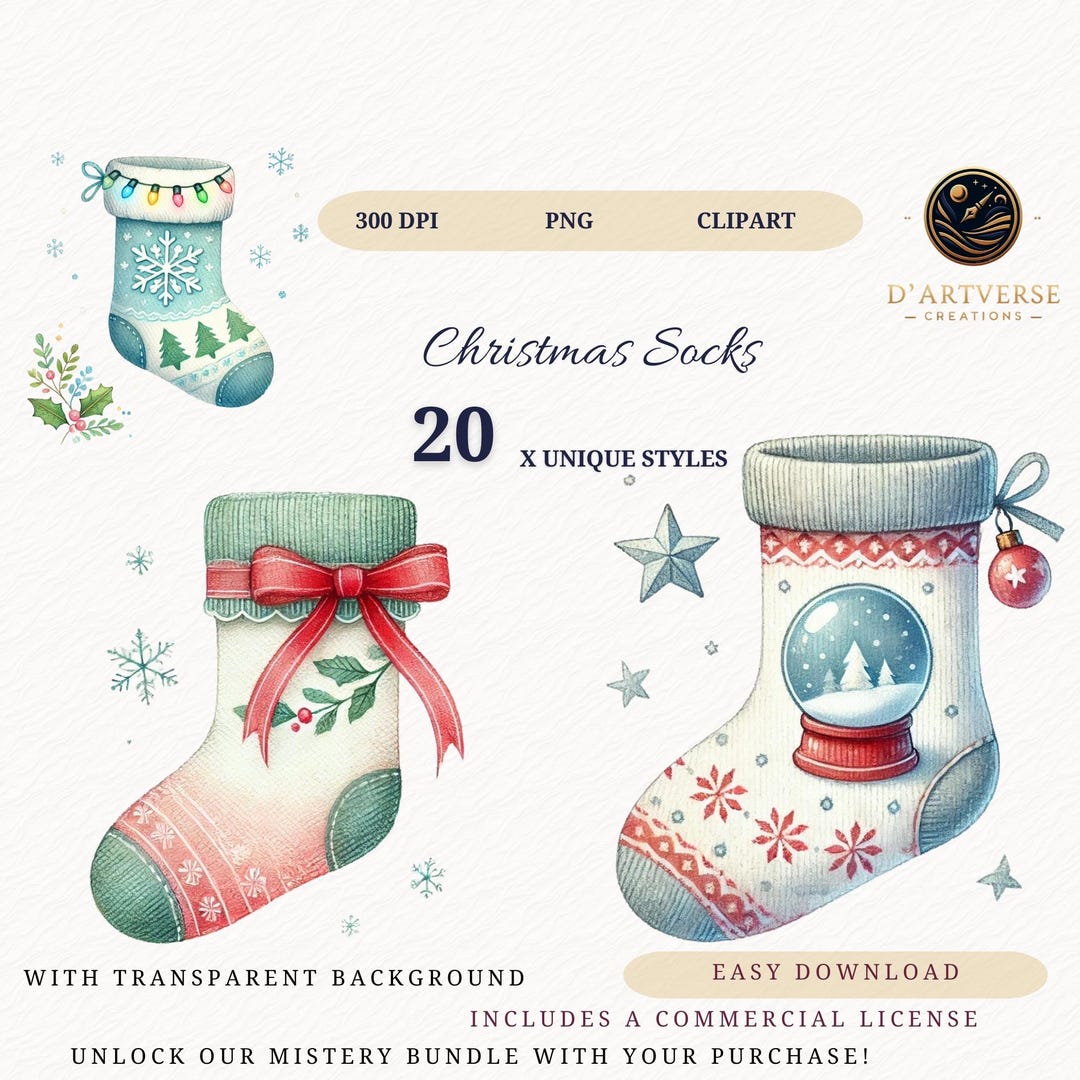 Watercolor Clipart Christmas Socks PNG Bundle Holiday Decor Clipart ...
