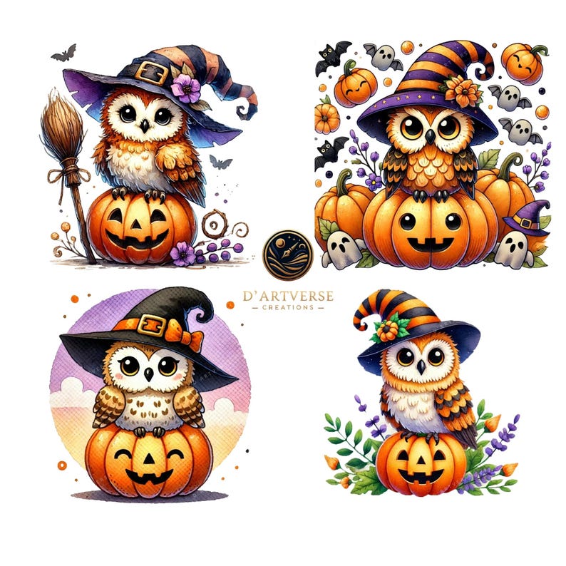 Halloween Owl Watercolor Clipart Pumpkin Cute Owl PNG Halloween Witch ...