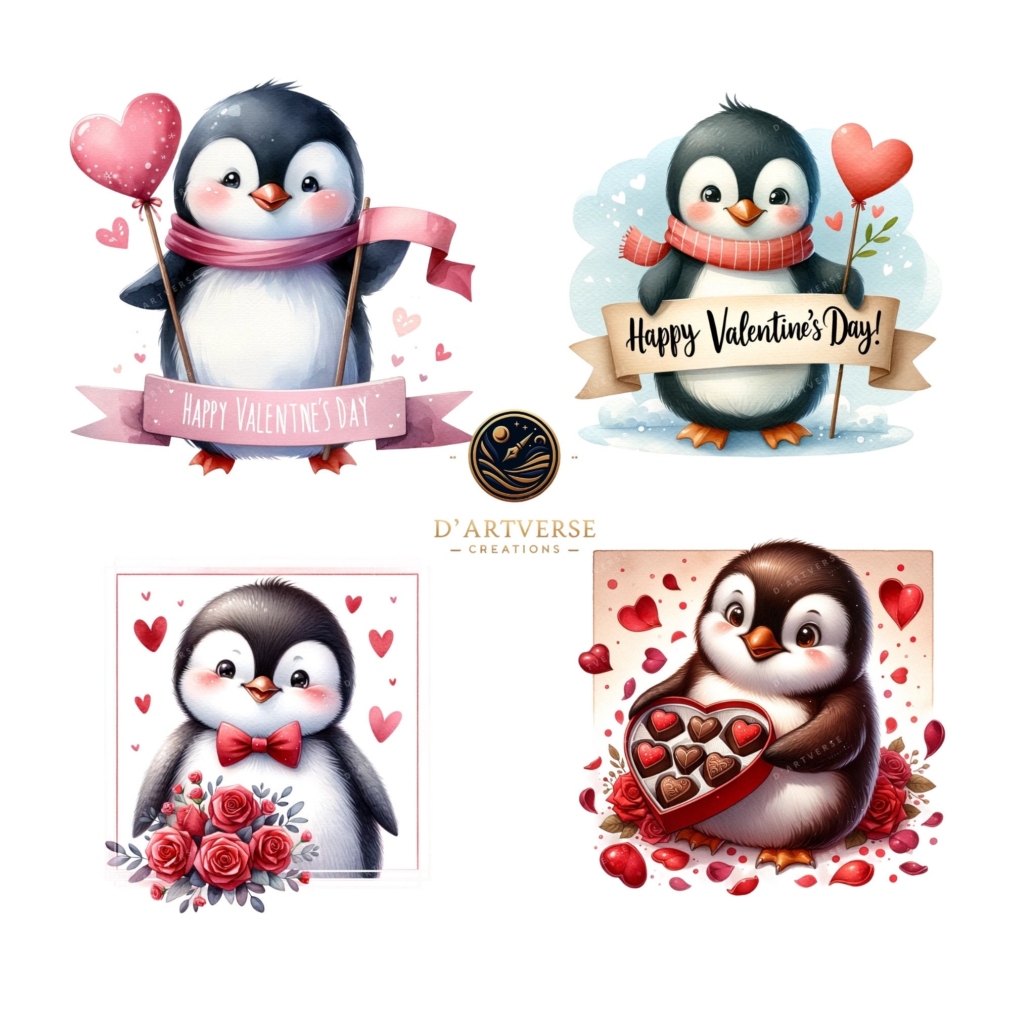 Conjunto de imágenes prediseñadas de San Valentín con arte de pingüinos ...