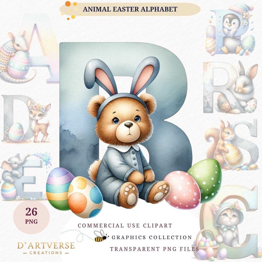 Easter Alphabet Letters Clipart Bundle Watercolor Cute Animal Letters ...