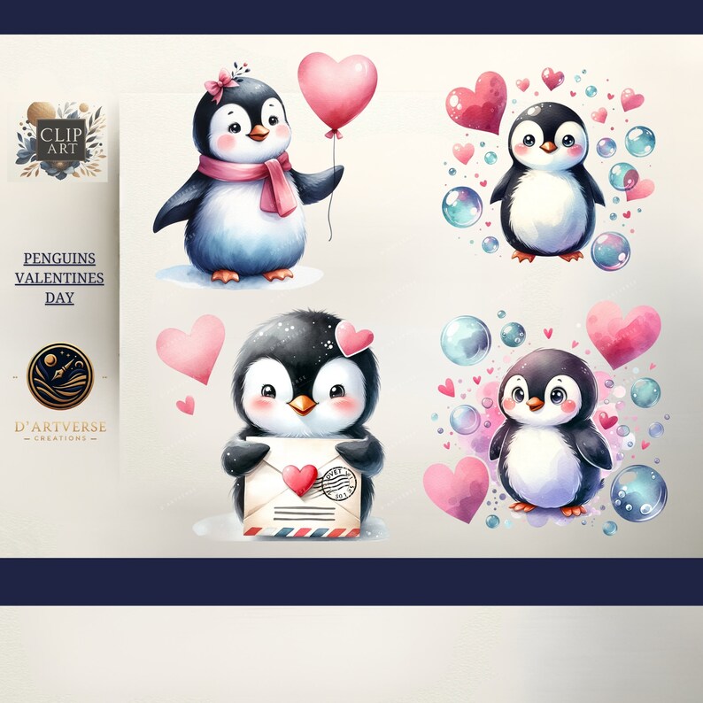 Watercolor Penguin Art Valentine Clipart Set Romantic Penguins Digital ...