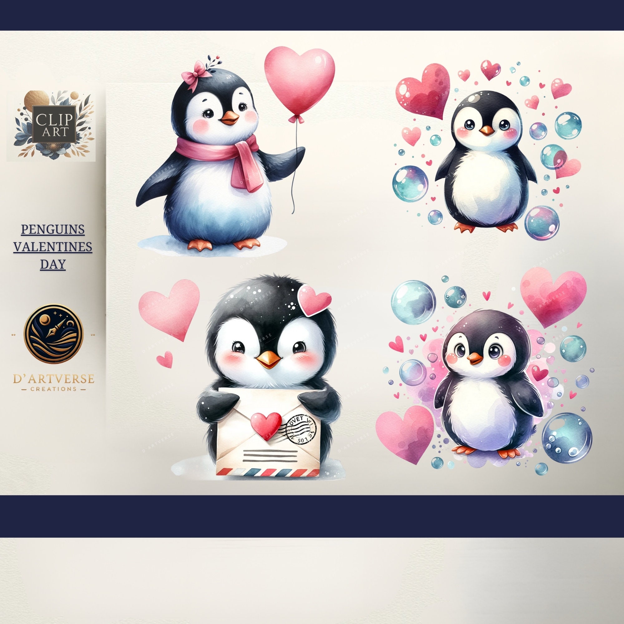 Watercolor Penguin Art Valentine Clipart Set Romantic Penguins Digital ...