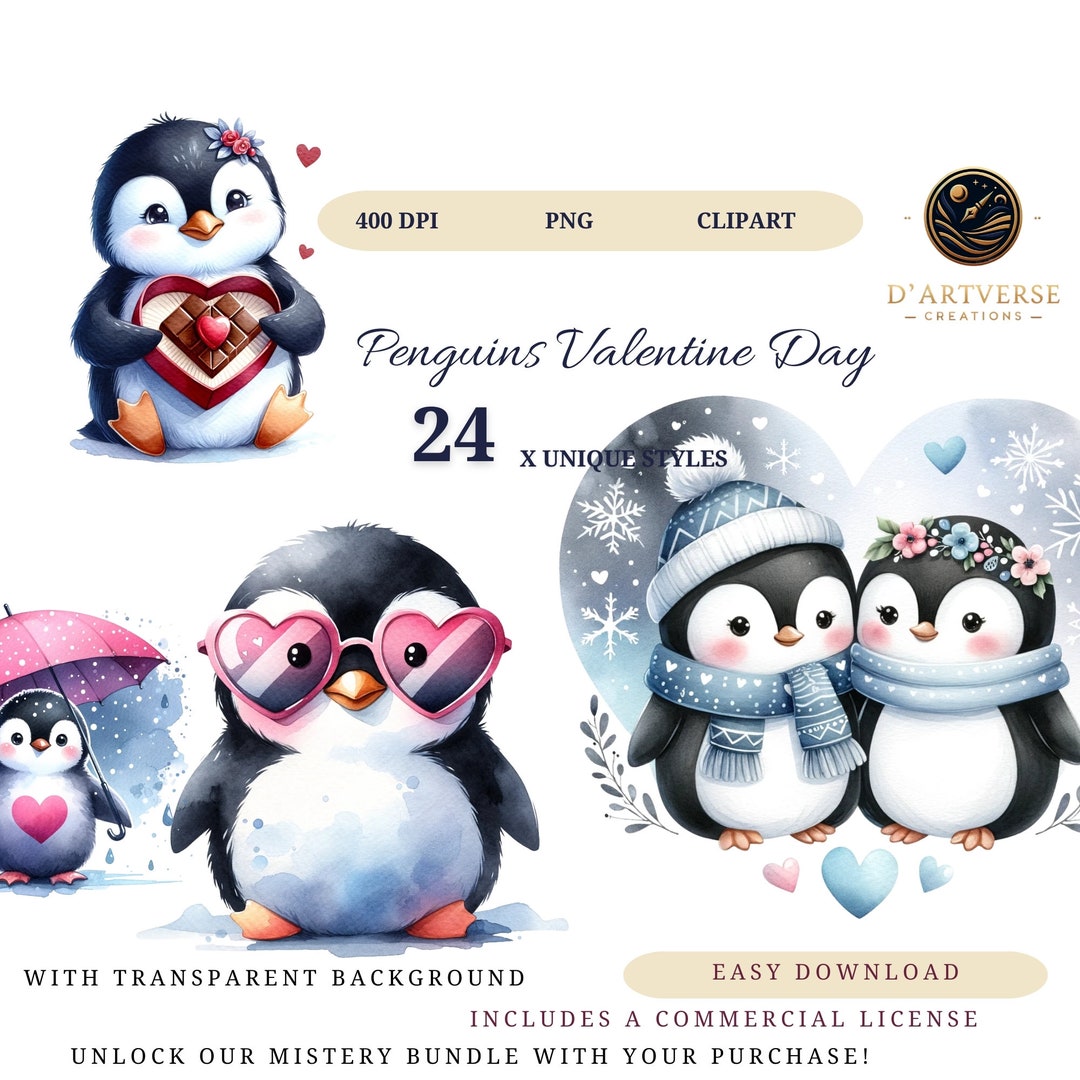 Watercolor Penguin Art Valentine Clipart Set Romantic Penguins Digital ...