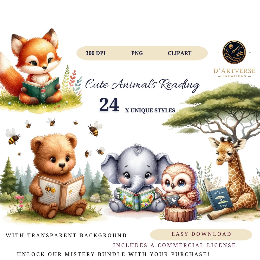 Cute Animals Reading Clipart Book Watercolor Animal Graphics PNG ...