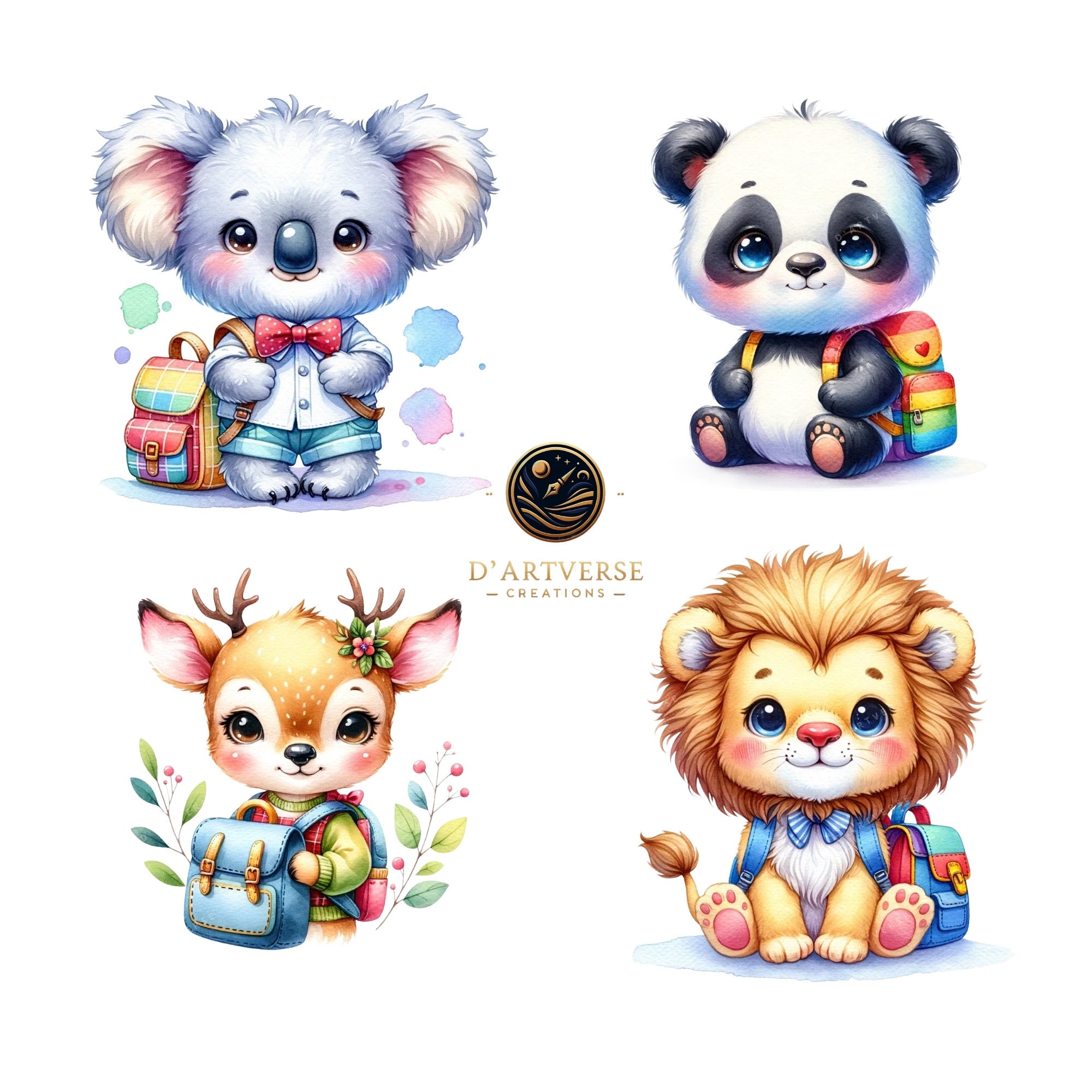 Watercolor School Animals Clipart Cute Animal Graphics Back to School ...