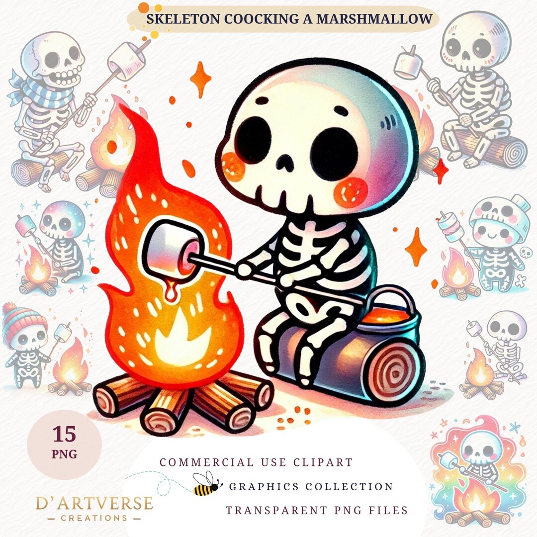 Watercolor Skeleton Campfire Clipart Cute Marshmallow Bonfire PNG ...