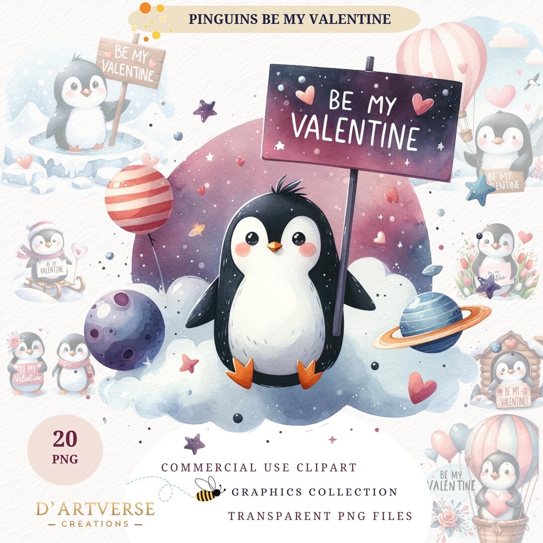 Cute Valentine Clipart Bundle Love Penguins PNG Romantic Animal Heart ...