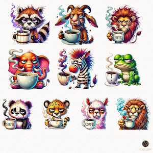 Grumpy Animal Coffee Clipart Bundle Watercolor Funny Animal PNG Coffee ...