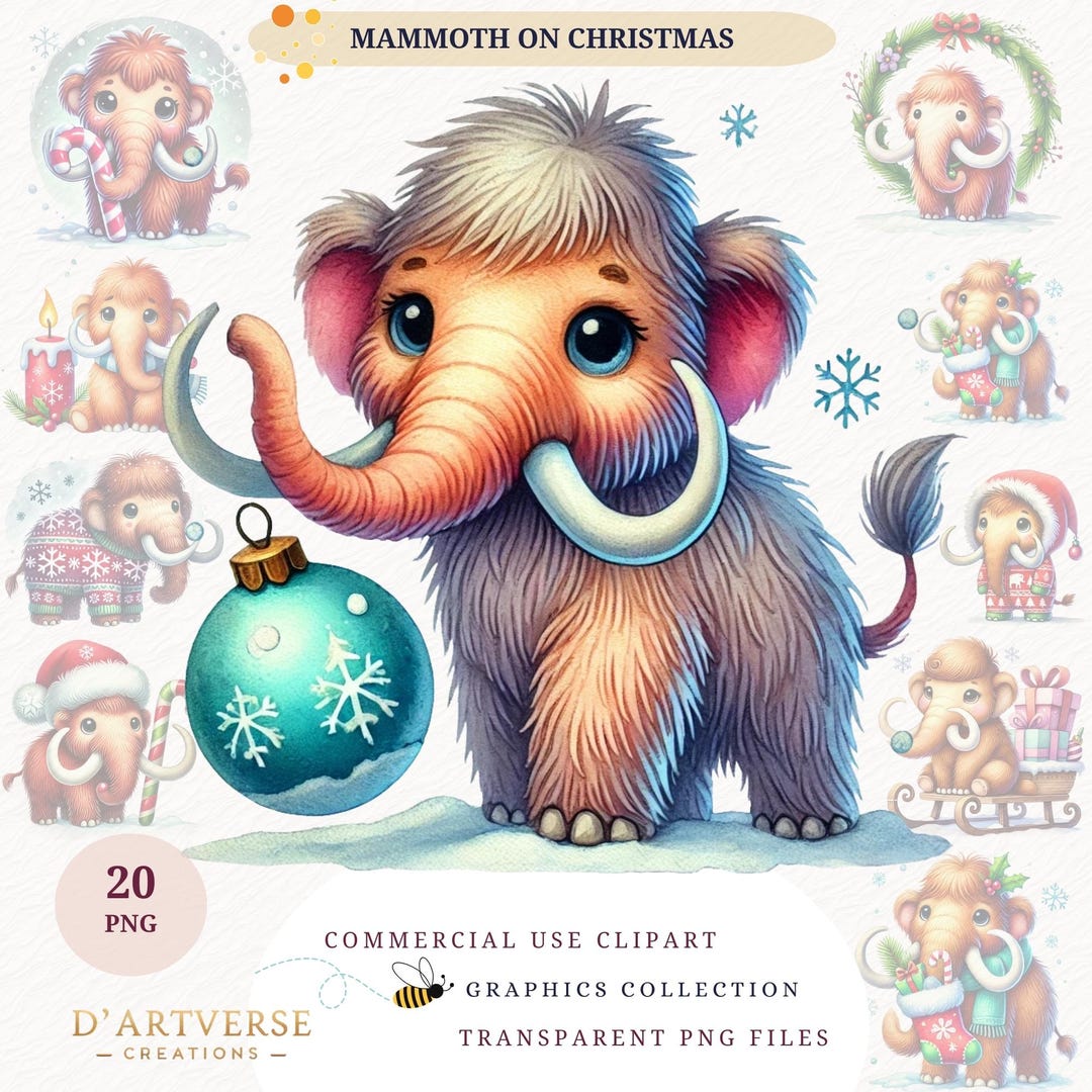 Christmas Mammoth Clipart Bundle Cute Winter Animal PNG Watercolor ...