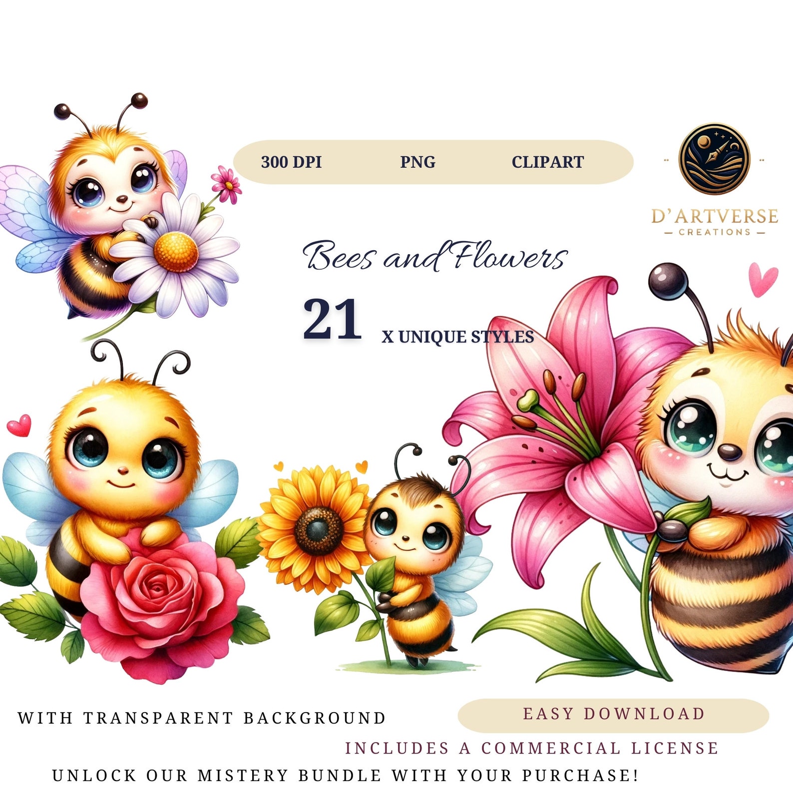 Watercolor Cute Bees Clipart Flower Graphics PNG Nursery Bee ...