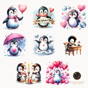 Watercolor Penguin Art Valentine Clipart Set Romantic Penguins Digital ...