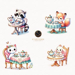 Cute Animal Tea Party Clipart Bundle Watercolor Tea Set PNG Woodland ...