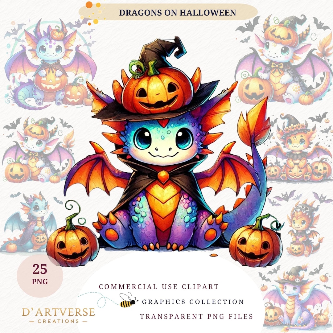 Watercolor Halloween Dragon Clipart Bundle Cute Fantasy Creatures PNG ...