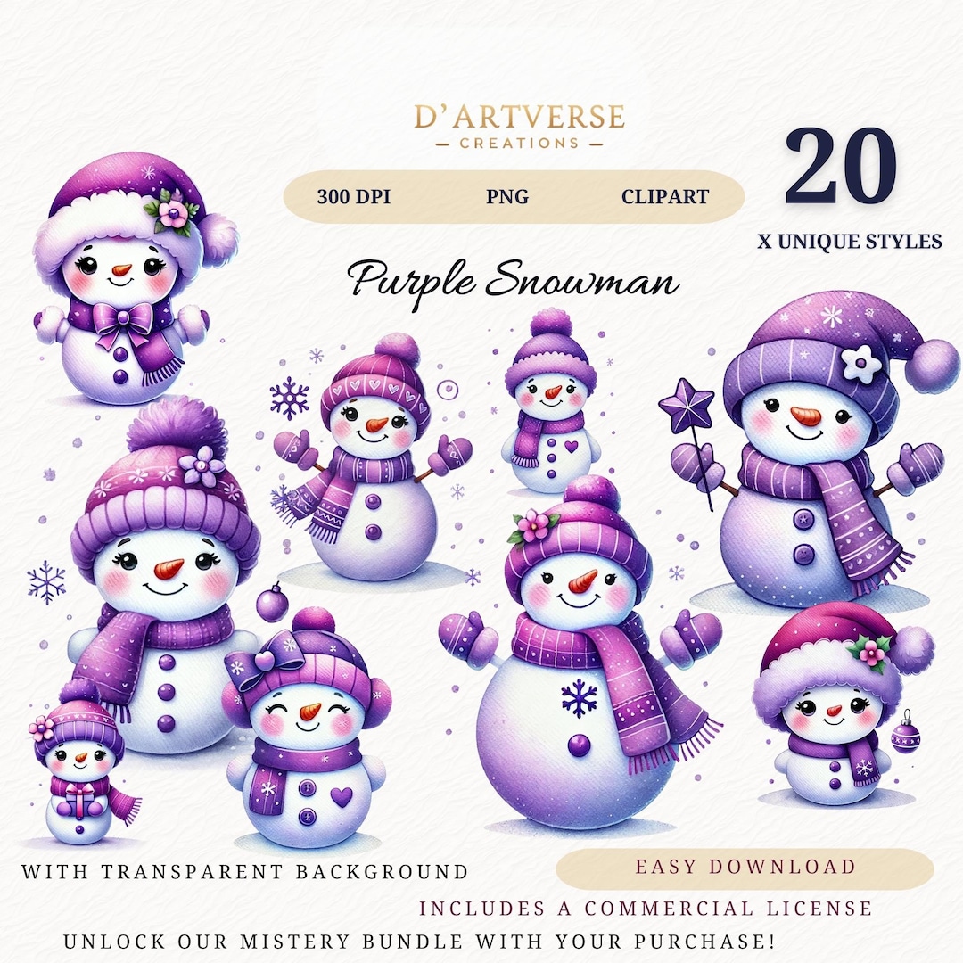 Purple Snowman Clipart Bundle Winter Xmas Printable Watercolor Png ...
