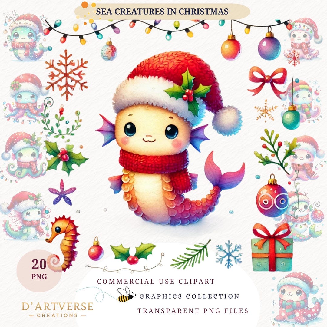Watercolor Christmas Sea Creatures Clipart Cute Holiday Octopus PNG ...
