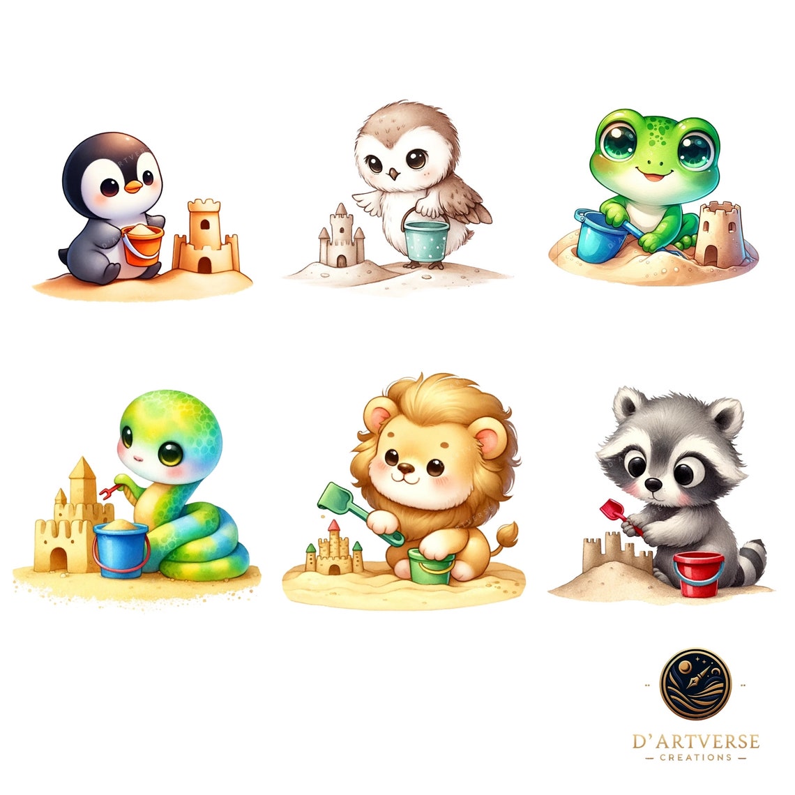 Watercolor Cute Animals Beach Clipart Baby Animal Sandcastle Png Cute ...