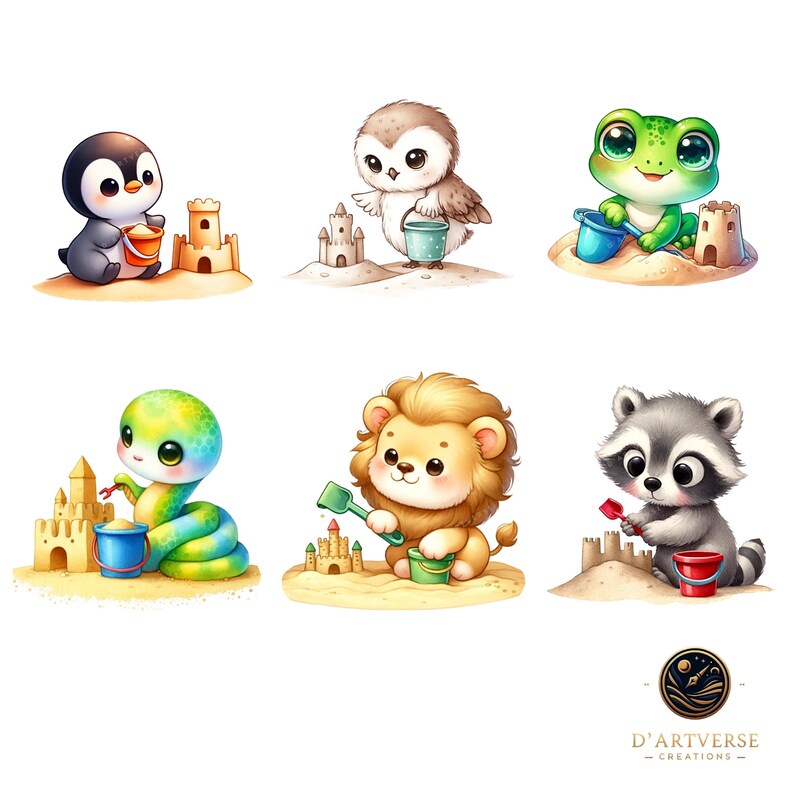Watercolor Cute Animals Beach Clipart Baby Animal Sandcastle Png Cute ...